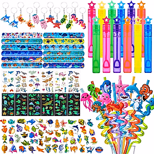 Golray 112pcs Under the Sea Party Favors Ocean Animal Creature Bulk Toy Gift Summer Birthday Supplies for Kids Boy Girl Straw Bubble Wand Tattoo Sticker Goodie Bag Filler Stuffer