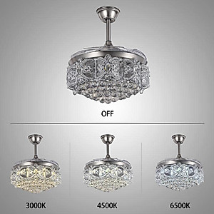 Clody 42''Luxury Crystal Fandelier Ceiling Fan with Lights Modern Chandelier Ceiling Fans with 3 Color LED Panel 3 Speed Quiet Motor Retractable and Reversible Blades Fan for Indoor