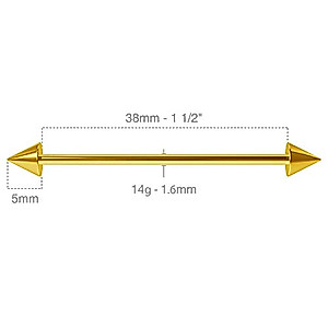 3pc Industrial Barbells 14g Gauge Cartilage Earrings Piercing Jewelry 1 1/2 (38mm) Spikes Pack Set