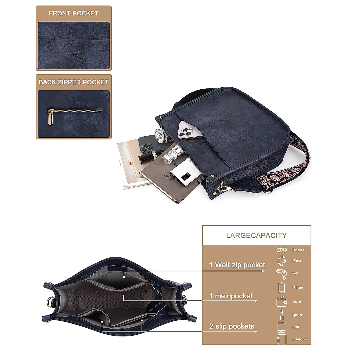 Caitina Crossbody Bags For Women Vegan Leather Hobo Handbags Designer Crossbody Purses Bucket Bag For Women with 2PCS Adjustable Strap(Blue Black)