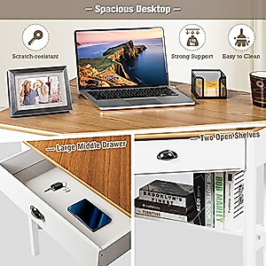 KOTEK Corner Desk with Drawer and Shelves, Wooden Home Office Desk Triangle Computer Desk, Writing Study Desk Computer Workstation, Makeup Vanity Table (Natural & White)