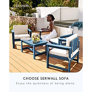 SERWALL 4 Pieces HDPE Outdoor Conversation Sofa Set with Cushions, Blue Frame and Khaki Cushion