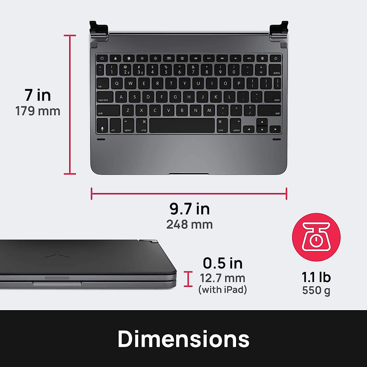 Brydge 11.0 Pro Wireless Keyboard | Compatible with iPad Pro 11-inch (2018) | Backlit Keys | Long Battery Life | (Space Gray)