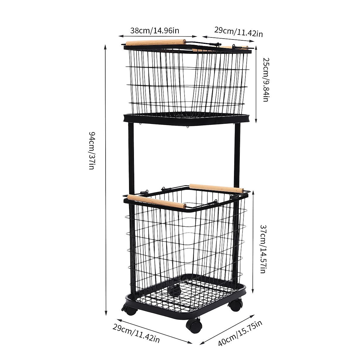 Rolling Laundry Bakset on Wheels, 2-Tier Metal Laundry Hamper Basket Butler Cart with 2 Removable Baskets and 4 Universal Wheels for Kitchen, Bathroom, Laundry Room