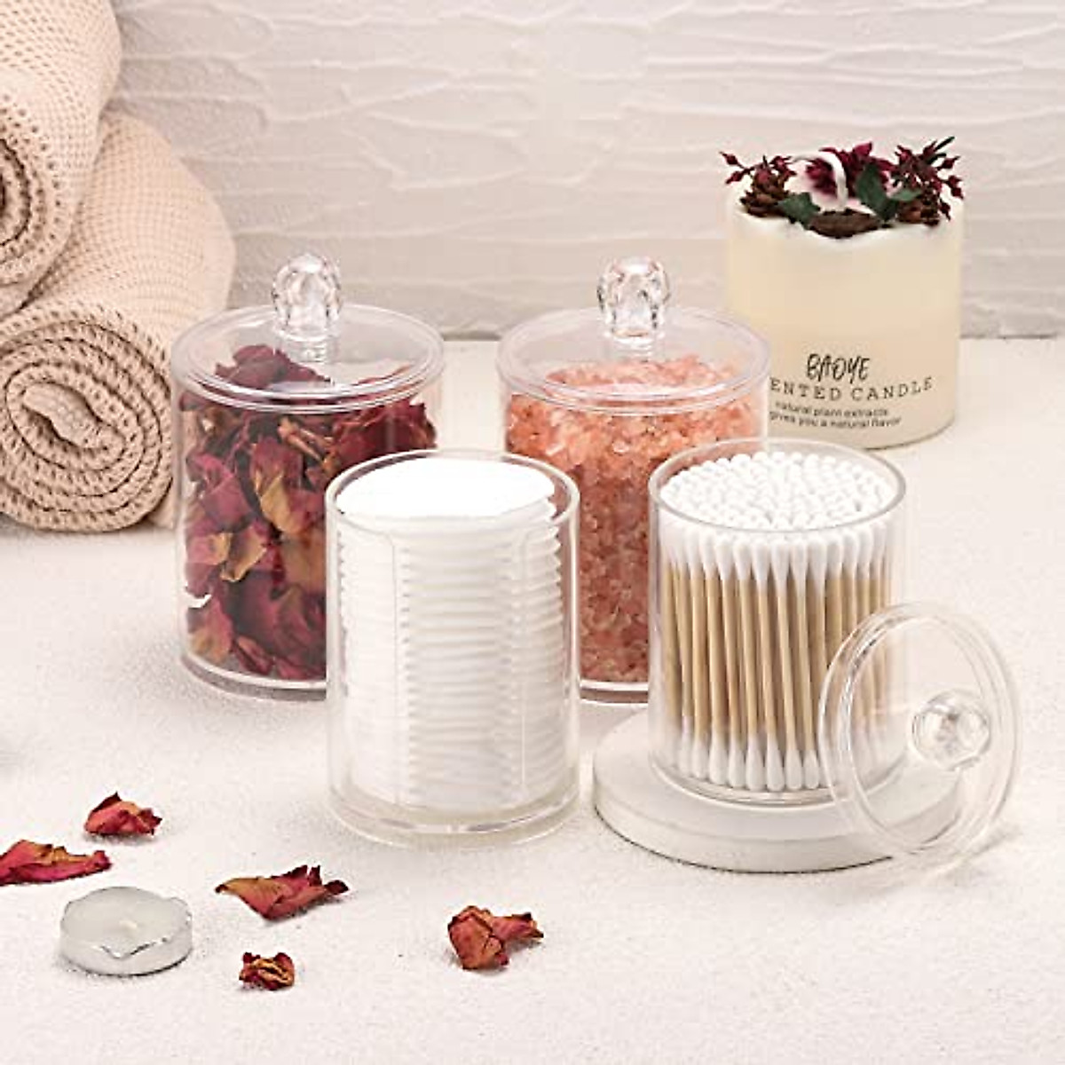 Tbestmax 12 oz, 10 oz Qtip Holder, 4 Pcs Clear Restroom Bathroom Organizers and Storage Containers for Cotton Ball, Cotton Swab, Cotton Round Pads, Floss, Plastic Apothecary Jars Set with Lids