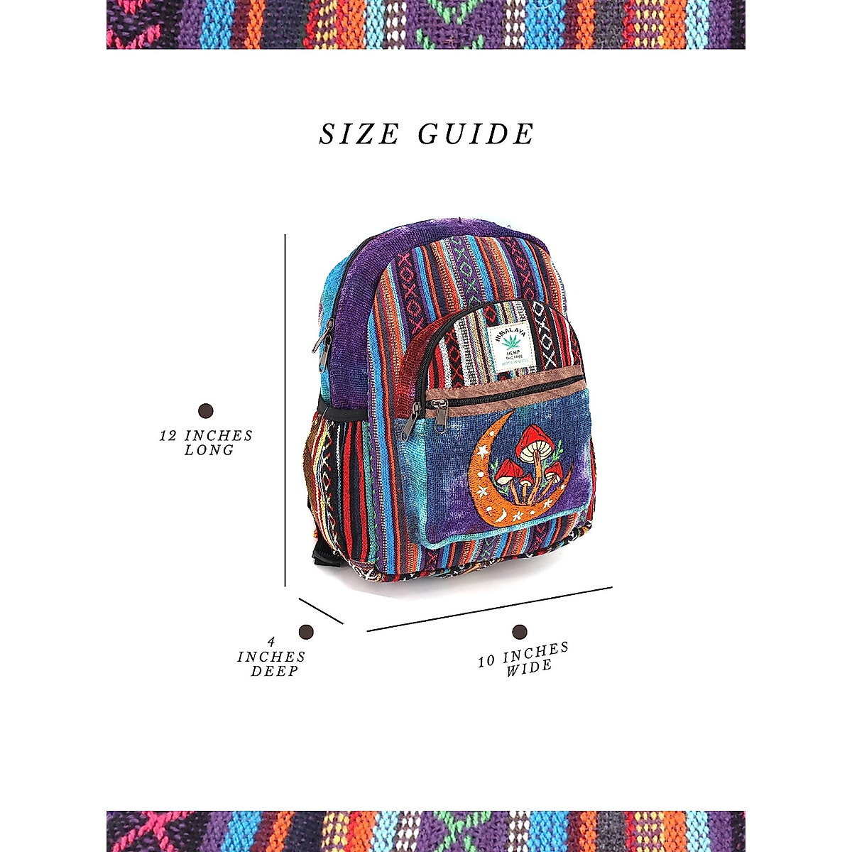 Unique Moon & Mushroom Embroidered Himalaya Hemp Hippie Backpack Festival Backpack FAIR TRADE Handmade with Love. (MINI)