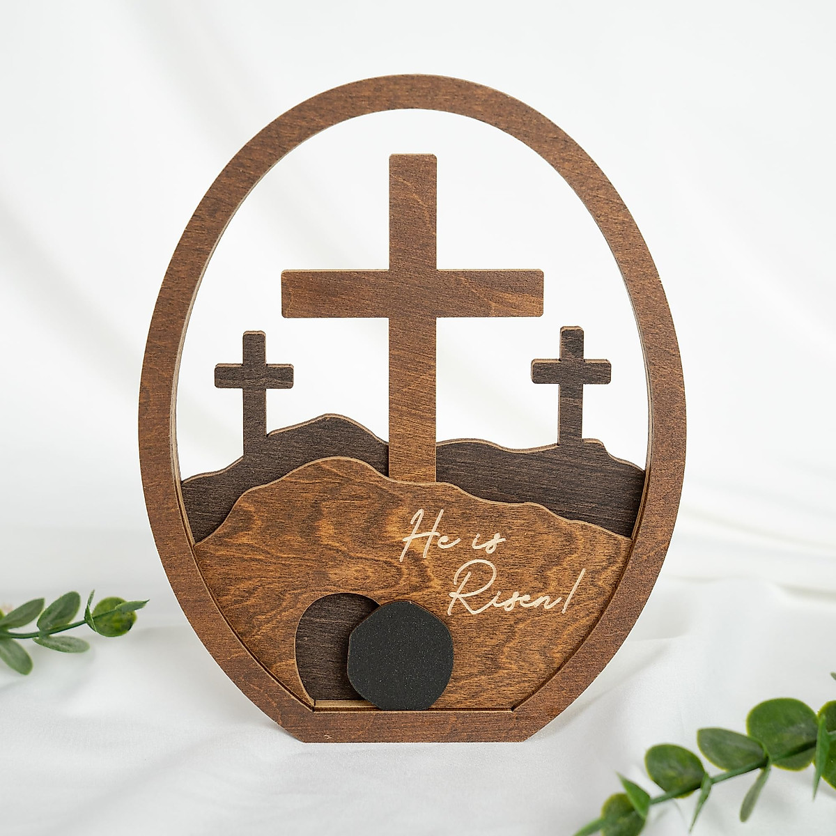 He Is Risen Gifts For Adults, Easter Decor Resurrection Scene Empty Tomb, Christian Table Decorations Indoor, Catholic Cross Jesus Religious Easter Gifts Decor (Walnut Wood)