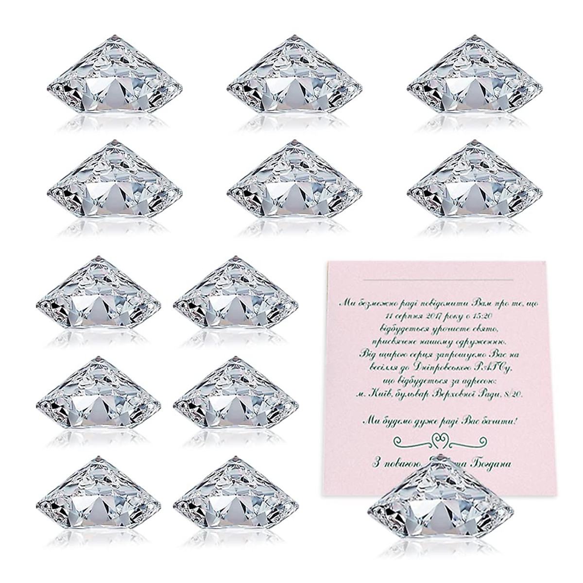 EDEVOLUTION 12 Pack Diamond Place Card Holders Stands, Sturdy Acrylic Table Numbers Card Holder, Crystal Harp-Clip Place Name Photo Card Holders for Party Wedding Table Decorations