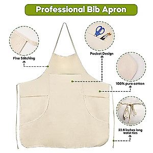 CONDA 100% Cotton Canvas Professional Bib Apron With 3 Pockets for Women Men Adults,Waterproof,Natural 31inch By 27inch