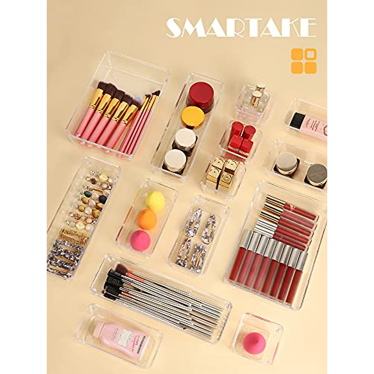 SMARTAKE 16-Piece Drawer Organizers, 4 Sizes Desk Dividers with Non-Slip Pads, Plastic Dresser Storage Tray Sets, Cosmetic Makeup Jewelries Trays, for Kitchen, Office, Home, Bathroom (Clear)