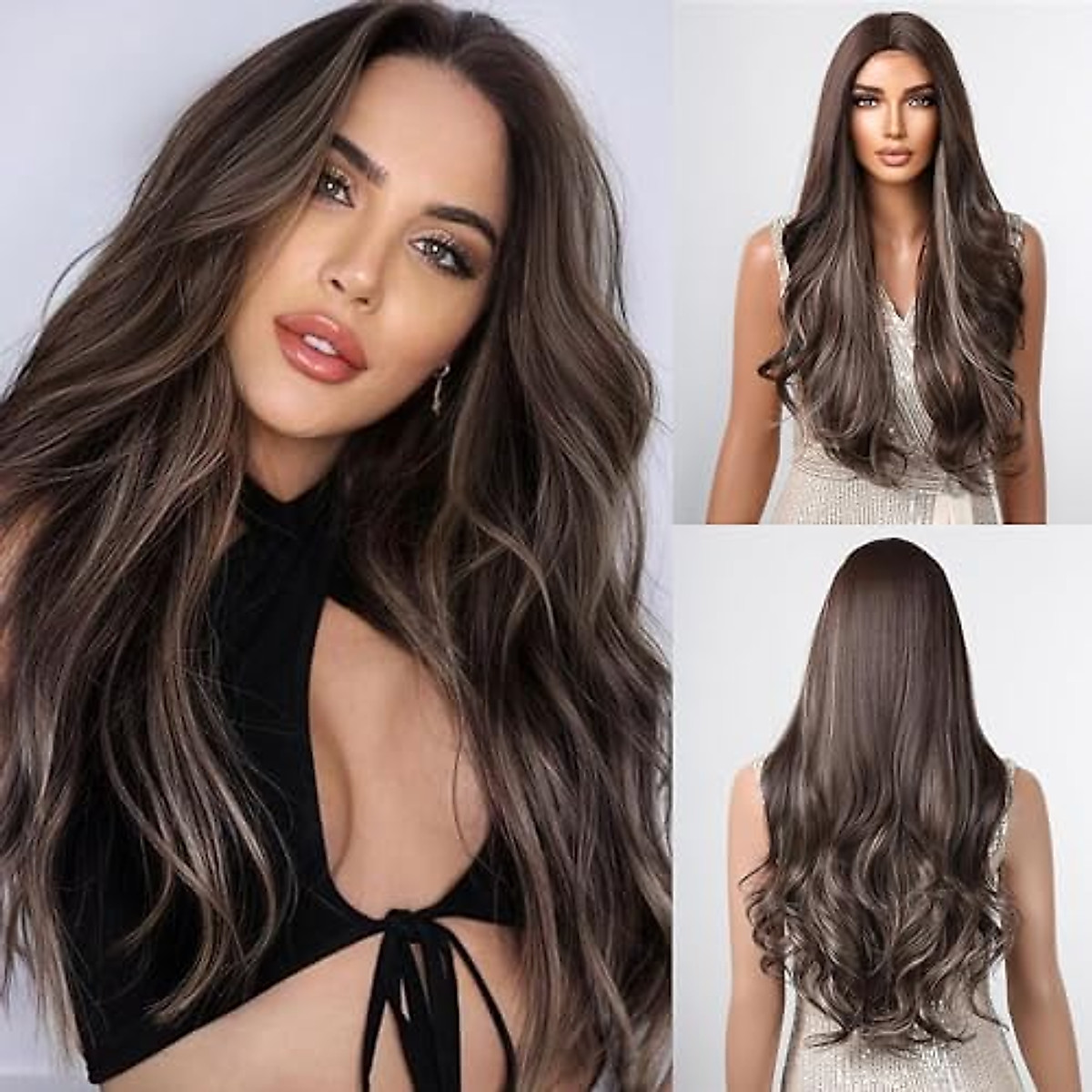 Allbell Honey Brown Long Wavy Wigs for Women 24 Inch Brown Highlights Middle Parting Curly Wig Natural Looking Heat Resistant Synthetic Hair Replacement