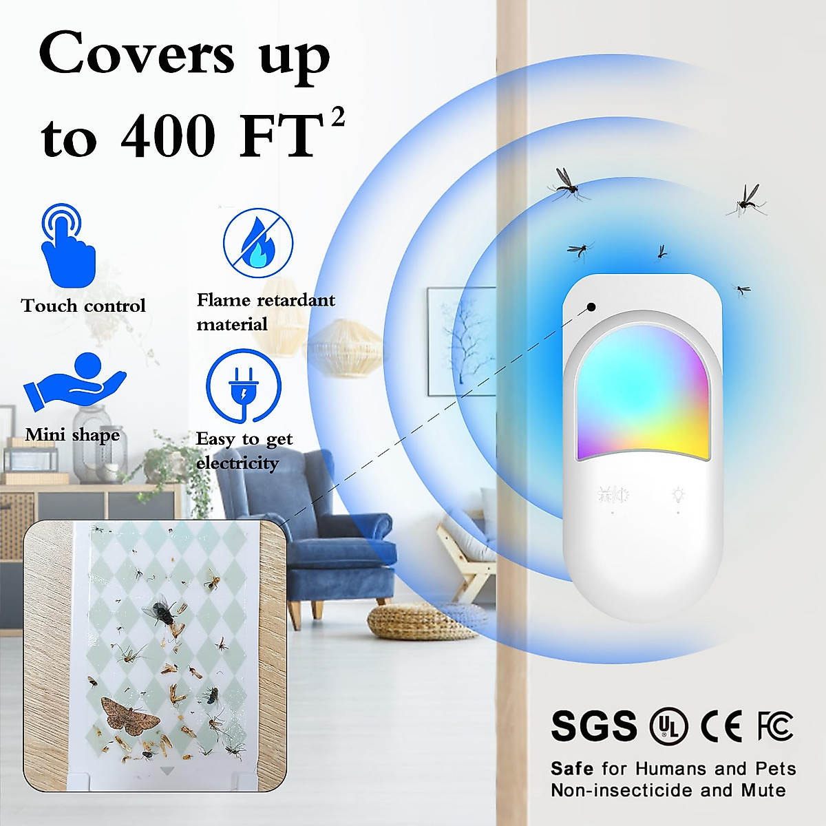 BUGXX Indoor Flying Insect Trap Plug-in Mosquito Killer,Flies, Fruit Flies, Moths, Gnats,Catcher Fly Tapper UV Attractant Bugs Light with Colorful Night Light Mode for Home(White-1PACK)