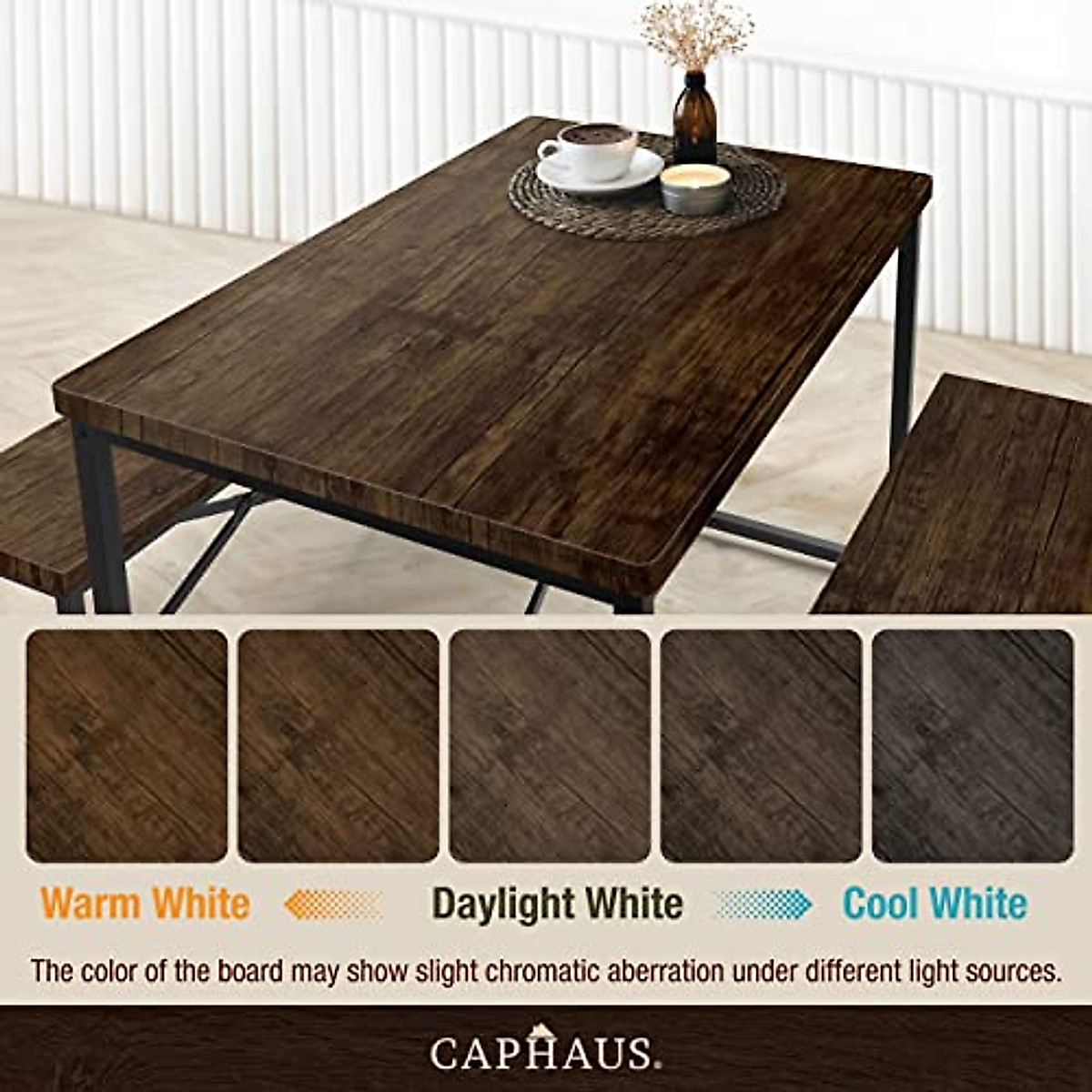 CAPHAUS 3 Pieces Dining Table Set for 4 w/Benches, Rectangular Dining Room Set, Modern Wood Bench Dining Room Table Set, Metal Frame Space-Saving Dining Set, Dining Table w/Two Benches, Brown Oak
