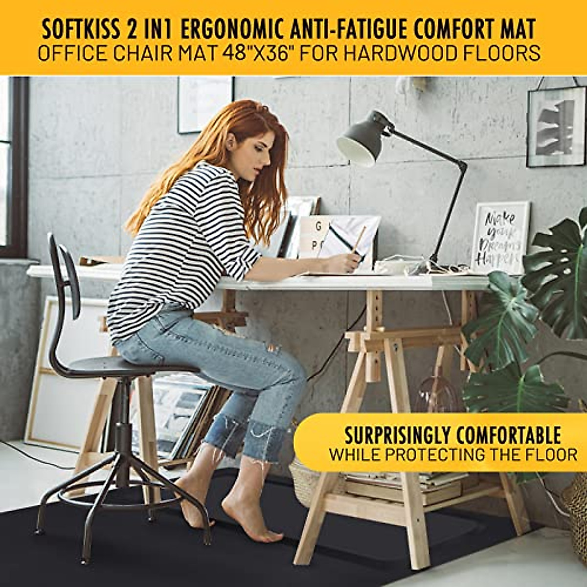 Anti-Fatigue Standing Office Chair Mat for Hardwood Floor with Cushioned Foam Foot Support, 48” x 36” Desk Chair mat, Scratch Resistant and Waterproof Anti-Slip Surface, Soft Ergonomic Cushion