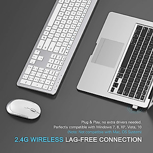 Full Size Slim Thin Wireless Keyboard and Mouse Combo with Numeric Keypad with On/Off Switch - White & Silver
