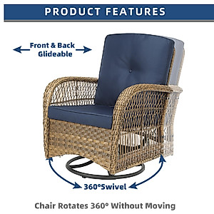 SOCIALCOMFY 3-Piece Patio Wicker Conversation Bistro Set, Rattan Gliding Rocking Swivel Chairs with Cushion and Glass Top Side Table Outdoor Furniture Sets for Garden Backyard, Navy Blue