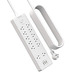 Extension Cord 25 ft, NTONPOWER 12 Outlet Surge Protector Power Strip with 3 USB Ports, 2100 Joules, 1875W/15A, Overload Protection, Flat Plug, Wall Mount for Home Office, Workbench, Garage, White