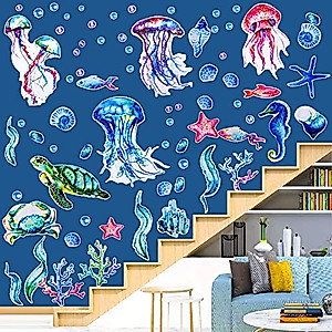 71 Pcs Ocean Wall Decals, Removable Waterproof Self-Adhesive Ocean World Jellyfish Turtle Tropical Fish Wall Stickers for Kids, for Kids Bedroom Bathroom Wall Decor