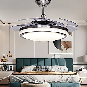 Fandian 44" Modern Ceiling Fan with Lights Remote Control Chandelier Fixture, 3 Lighting Changes Retractable Fandelier for Living Room Bedroom, Brush Chrome with Silent Motor