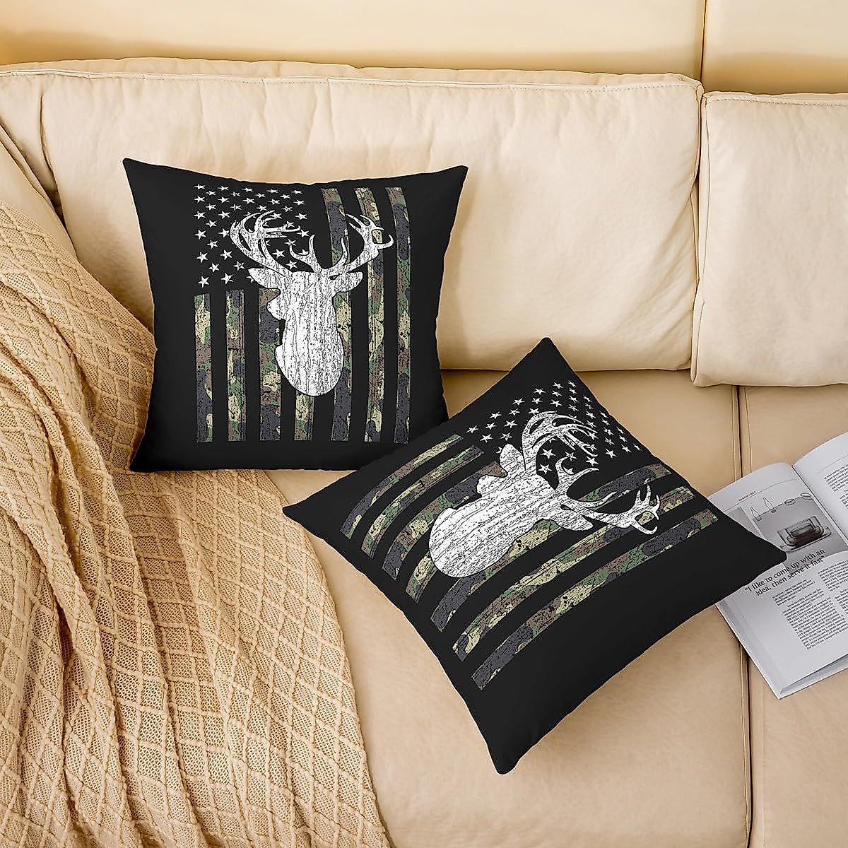 American Flag Cushion Covers 18x18 Set of 2, Deer Hunting Camo Throw Pillow Covers For Outdoors Car Chair, Military Camouflage Pillow Covers, Western Rustic Farmhouse Stars Stripes Cushion Cases