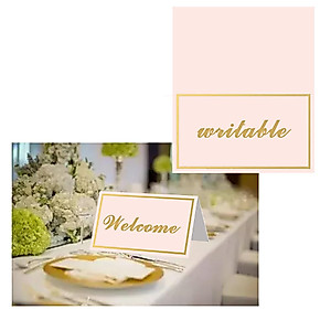 Blank Table Tent Place Cards with Gold Foil Border for Wedding Rception,Birthday Events,Dinner Parties Cards,100 Pcs （3.5x2 inch,pink）