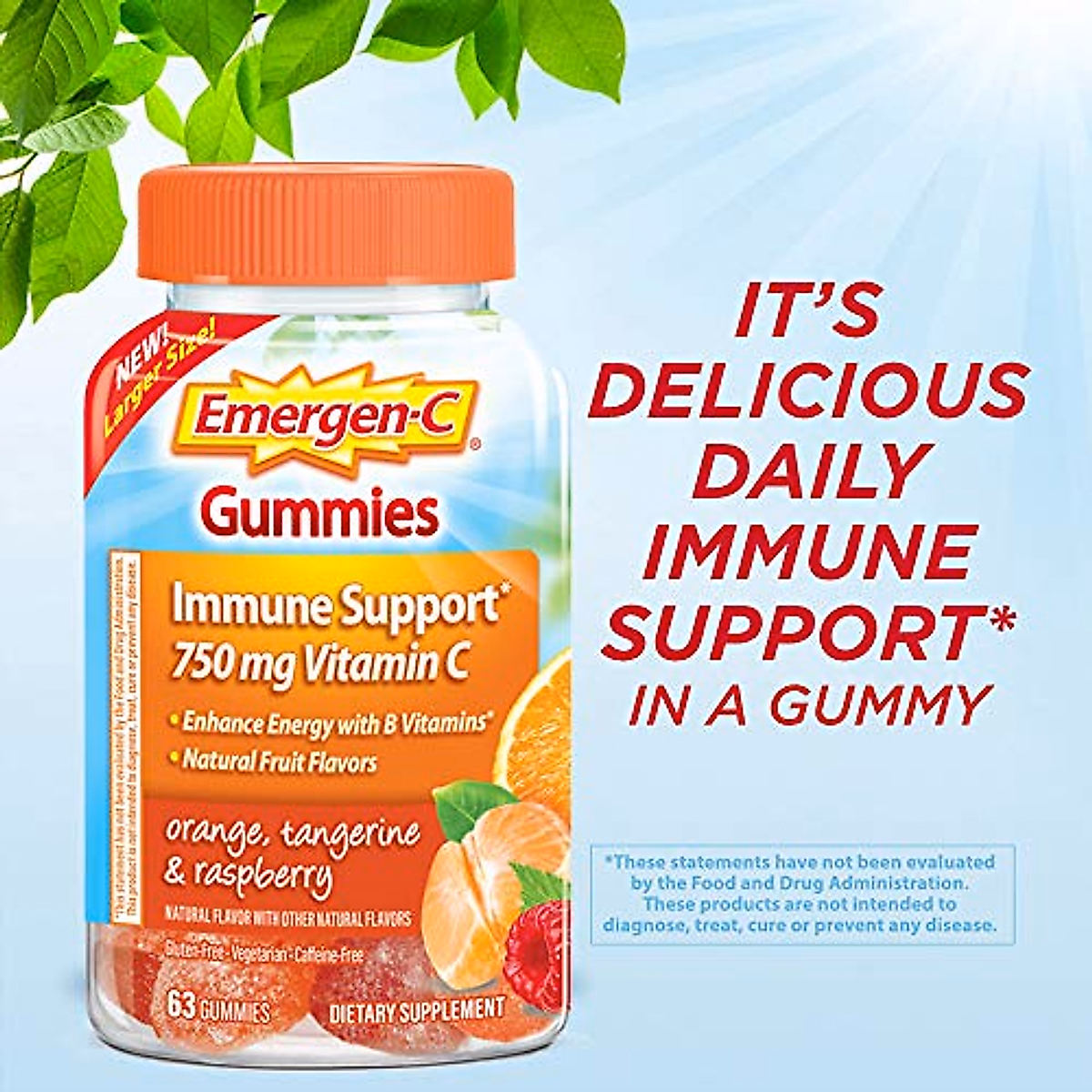 Emergen-C 750mg Vitamin C Gummies for Adults, Immune Support Gummies with B Vitamins, Gluten Free, Orange, Tangerine and Raspberry Flavors - 63 Count