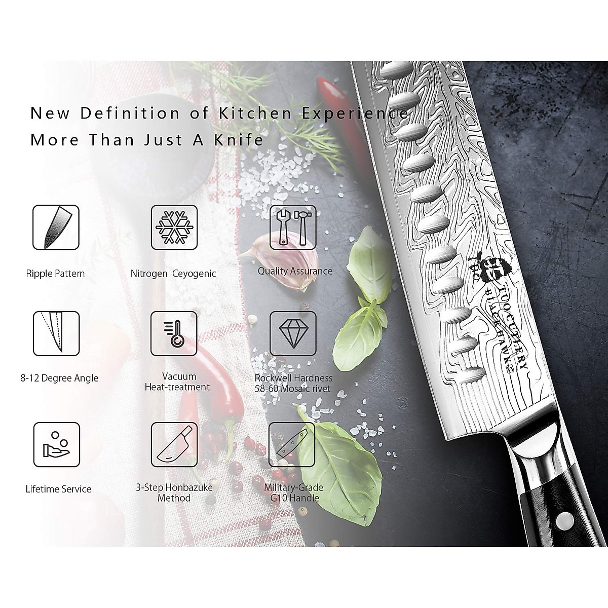TUO Santoku Knife - Japanese Chef Knife 7-inch High Carbon Stainless Steel - Kitchen Knives with G10 Full Tang Handle - Black Hawk-S Knives Including Gift Box