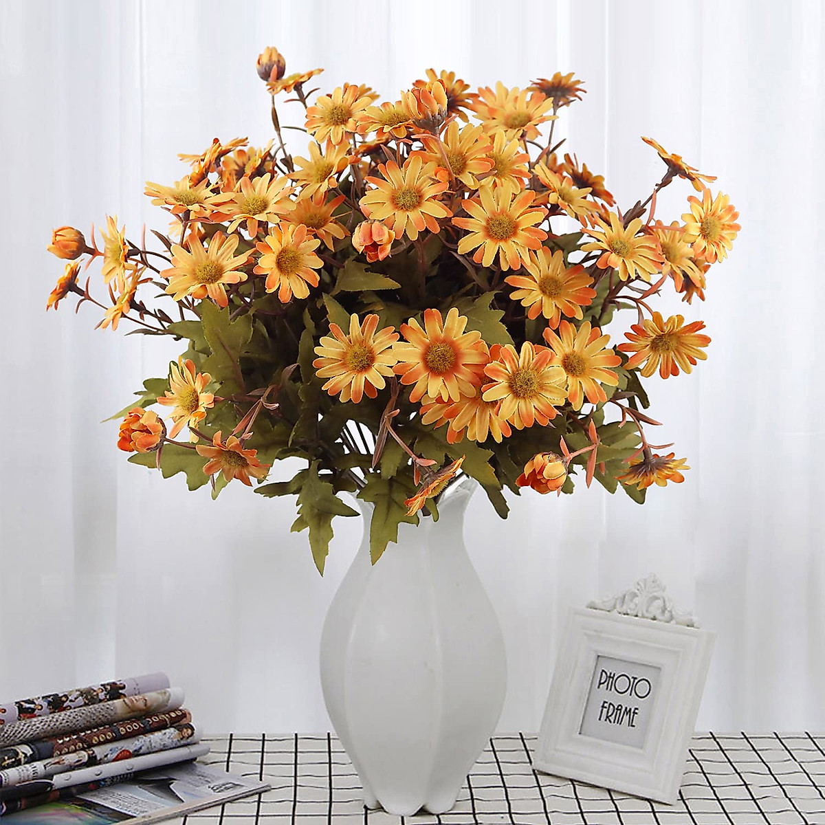 2 Pcs Artificial Flowers, Artificial Daisy Flowers Bulk 14 Inches Long Artificial Silk Flowers Bouquet Realistic Fake Flowers for Wedding Bouquets Home Party Office Grave Christmas Decor(Orange)