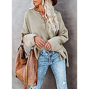 SHEWIN Sweaters for Women Trendy Waffle Knit Long Sleeve Button V Neck Loose Tops,(US 18-20) 2XL,Khaki