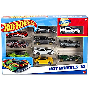 Hot Wheels Set of 10 Toy Cars & Trucks in 1:64 Scale, Race Cars, Semi, Rescue or Construction Trucks (Styles May Vary)