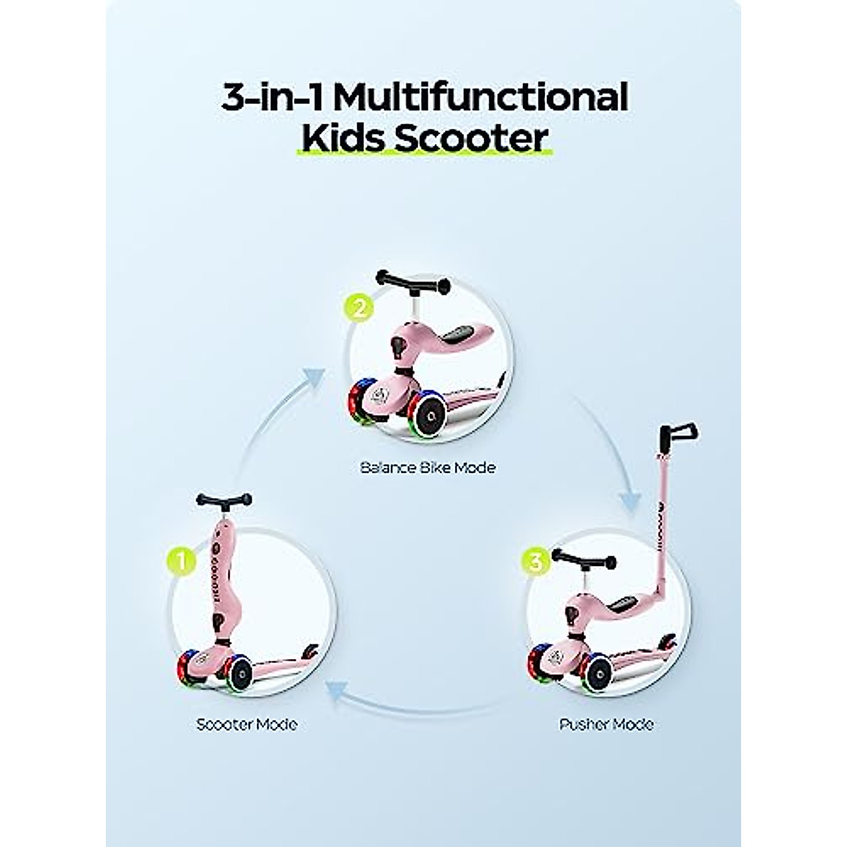 COOGHI Toddler Scooter, 3-in-1 Kids Scooter with Flashing Wheels & Kids Helmet Pads Set for Scooter Skateboarding Skating Biking BMX Skiing