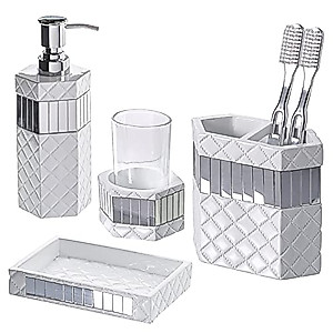 Creative Scents White Bathroom Accessories Set - Decorative 6 Piece Bathroom Accessory Set Features: Trash Can, Tissue Cover, Soap Dispenser, Toothbrush Holder, Tumbler & Soap Dish (Quilted Mirror)