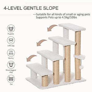 PawHut 4 Levels Cat Steps, Pet Stairs Carpeted Ladder, Kitten Tree Climber with Scratching Posts, Hanging Play Ball, Side Step, for High Bed, Sofa, White