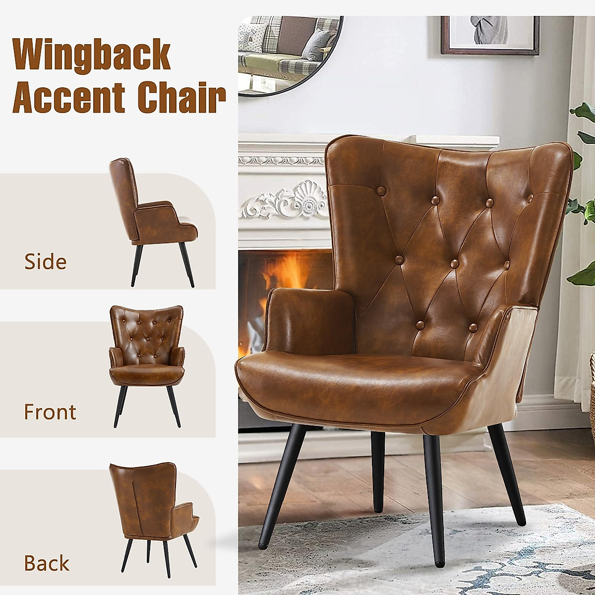Furniliving PU Leather Accent Chair for Living Room, Upholstered Reading Chair with High Backrest, Tufted-Button Wingback Armchair for Bedroom, Dressing Room, Home Office, Brown