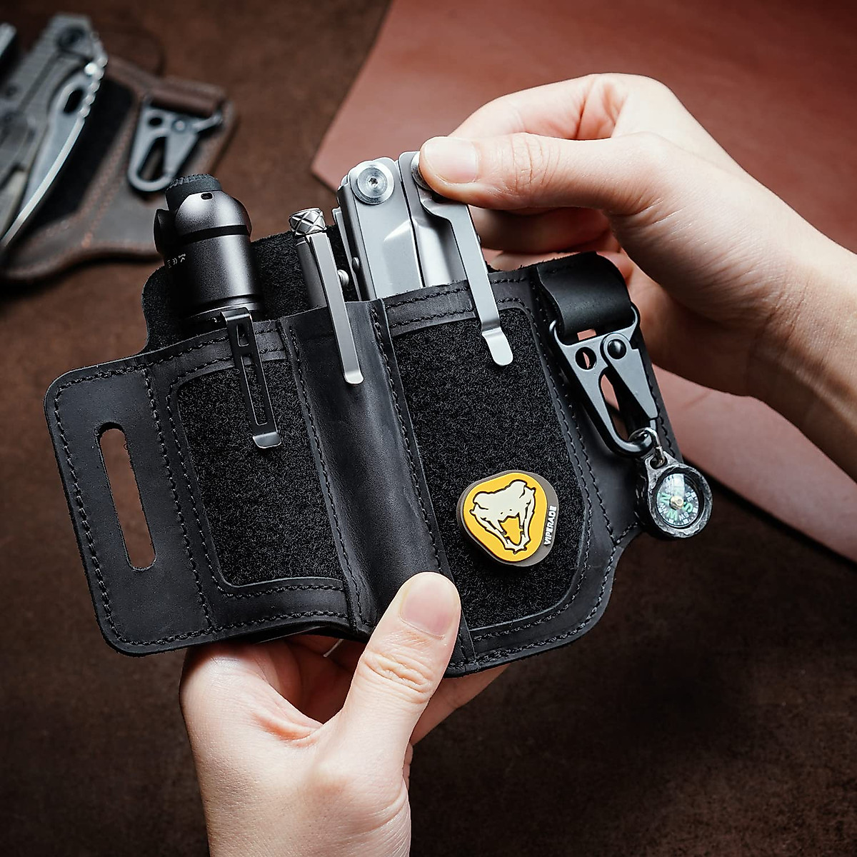 VIPERADE PL3 Multitool Sheath, Leather Sheath with DIY Patch Area, EDC Pocket Organizer for Men, Leatherman Sheath Flashlight Holder with Pen Holder, EDC Belt Organizer with Key Holder (A-Black)