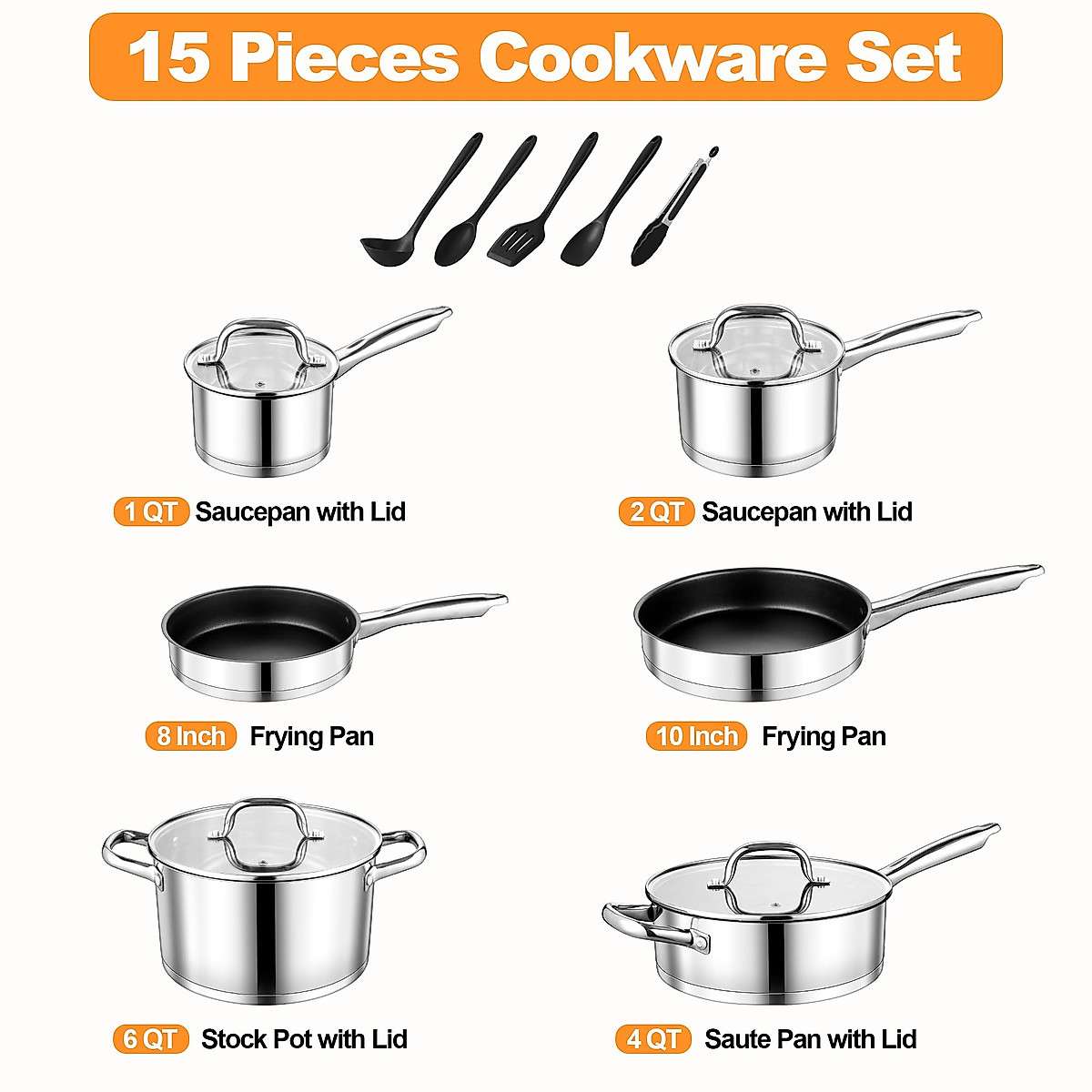 LIANYU 15Pcs Stainless Steel Cookware Set, Pots and Pans Set with Utensils, Kitchen Cooking Set Included Frying Pans, Saucepans, Saute Pan and Stock Pot, Works with All Stoves, Dishwasher & Oven Safe