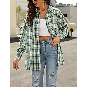 HangNiFang Flannel Plaid Shirts for Women Oversized Button Down Shirts Blouse(0768-LightGreen-L)
