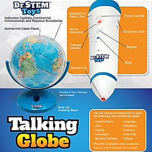 Dr. STEM Toys Talking World Globe with Interactive Stylus Pen and Stand, Colorful Map for Early Learning and Teaching - Includes Trivia, Q&A, and Music - 9 Inches in Height, Ages 6+