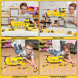 JOYIN Construction Transport Cargo Toy Airplane Car Play Set Including 1 Transport Helicopter with Real Lights, 6 Diecast Vehicles, 12 Action Figures, Birthday Gift for Boys and Girls (Yellow)