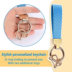 Turcee Carbon Fiber Car Keychain,Automotive Interior Accessories Keychains Leather Car Key Fob &Anti-Lost D-Ring Blue 4.9x1.36''
