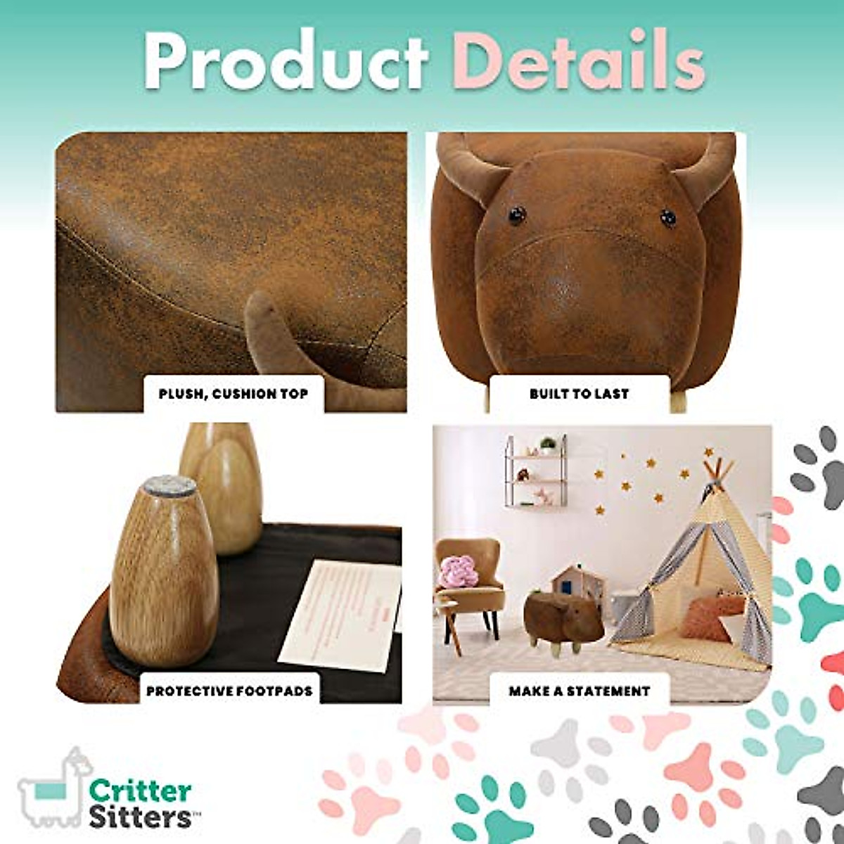 Critter Sitters 14-In. Seat Height Brown Cow Animal Shape Ottoman, Soft Kids Ottoman for Nursery, Bedroom, Playroom, and Living Room Decor, Multifunctional Cushioned Animal Footstool