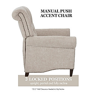 Madison Park Aidan Recliner Chair - Solid Wood, Plywood, Roled Back Button Tufted Accent Armchair Modern Classic Style Family Room Sofa Furniture, Cream