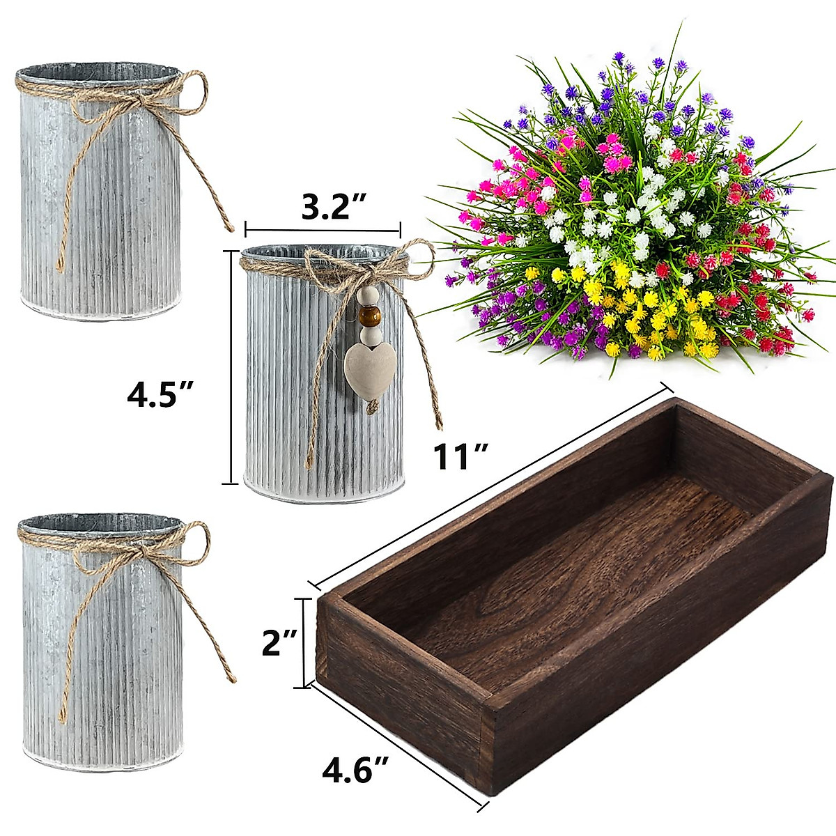 CALAVAK Decorative Centerpiece Wooden Tray with 3 Metal Potted Artificial Babys Breath Gypsophila Plant Flowers Rustic Country Farmhouse Décor for Dining Room, Living Room and Kitchen Table