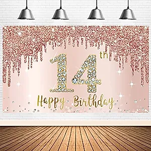 Happy 14th Birthday Banner Backdrop Decorations for Girls, Rose Gold 14 Birthday Party Sign Supplies, Pink 14 Year Old Birthday Poster Background Photo Booth Props Decor