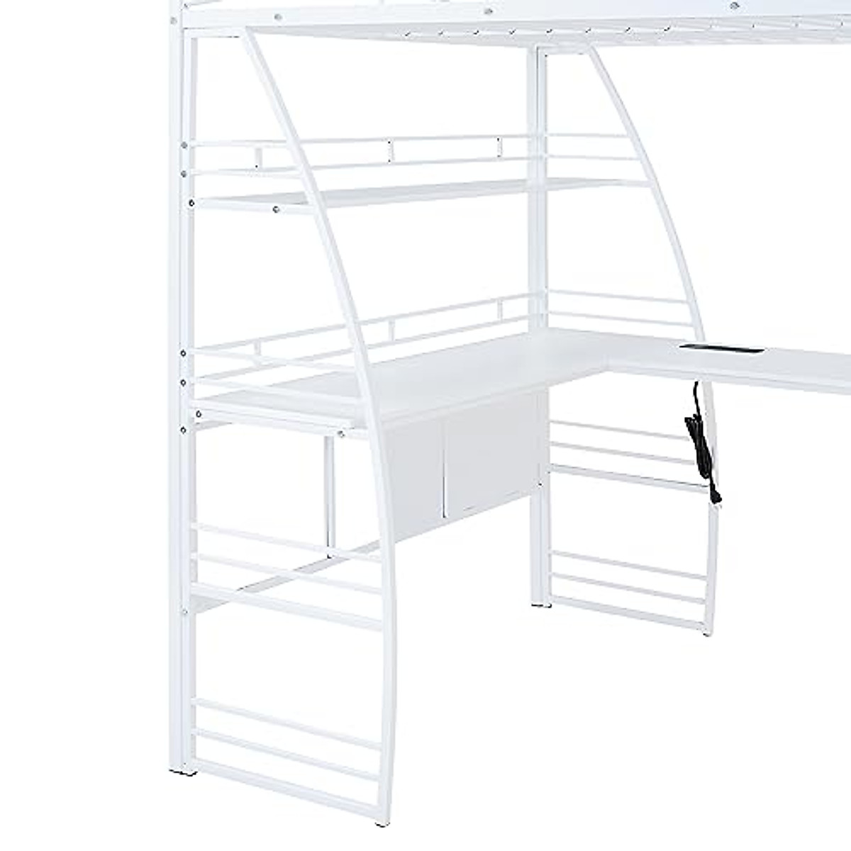 Lifeand Full Size Loft Bed with 4 Layers of Shelves and L-shaped Desk, Stylish Metal Frame Bed with a set of Sockets, USB Ports and and Wireless Charging, White