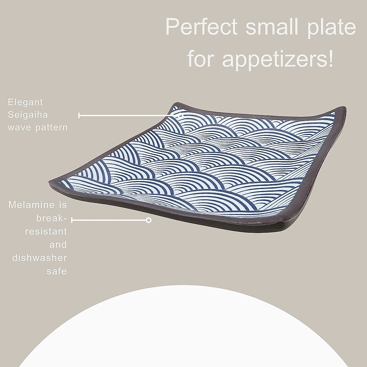Needzo Melamine Square Japanese Dinner Plate Blue Seigaiha Wave Pattern, Sushi or H'orderves Serving Tray for Parties, 5.75 Inches