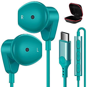 APETOO USB C Headphones for iPhone 16 15 Pro Plus iPad Pro,USB Type C Earphones HiFi Stereo USB C Wired Earbuds Microphone Volume Control for Galaxy S24 S23 S22 S21Pixel 9 8 7 7a 6 Pro 6a Turquoise
