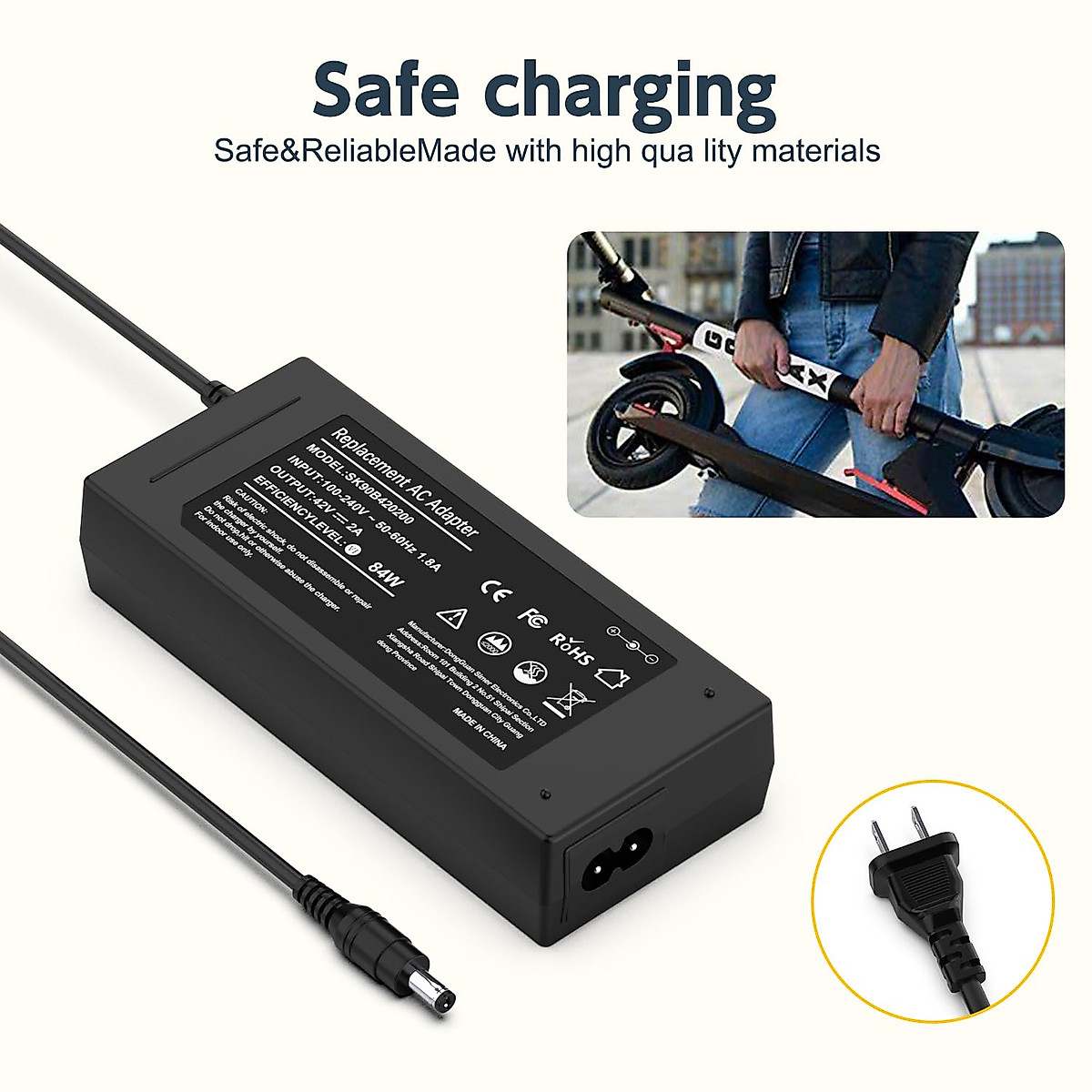 42V 2A Charger 1 Prong for 36V Electric Scooter Lithium Battery, Compatible with Jetson Bolt GOTRAX GXL V2, G2, G3, G4, Apex, Glider, XR Elite, XR Ultra, Hiboy S2, Rival 36 Volt Electric Scooter