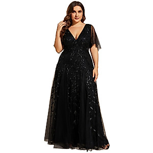 Ever-Pretty Womens Plus Size Sequin Emboridery Formal Evening Dresses with Sleeves Black US18