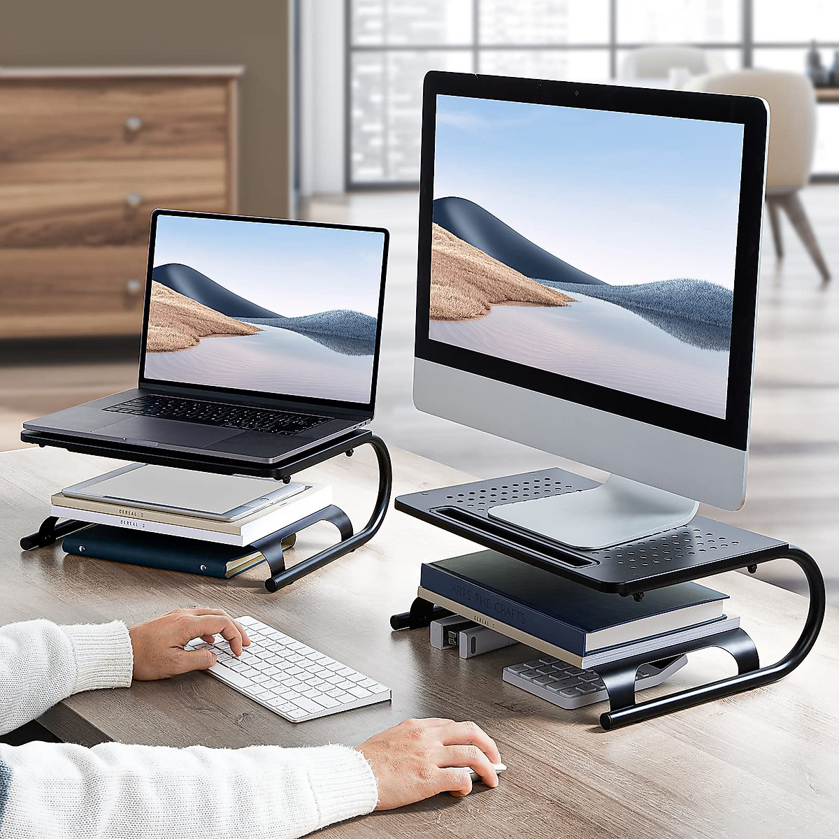 LORYERGO Monitor Stand, Monitor Riser, Computer Stand with Media Solt, Laptop Riser with Vents, 2 Tier Monitor Stand Riser with Storage for Printer/PC, Desktop Stand Organizer - Office & Home